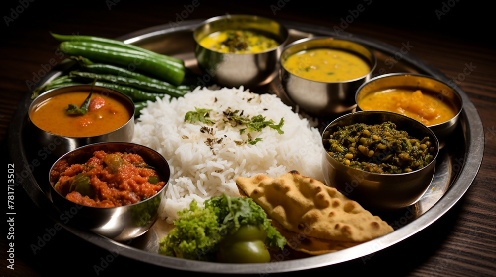 Wide flat lay photograph of delicious traditional Indian Thali dish on ...