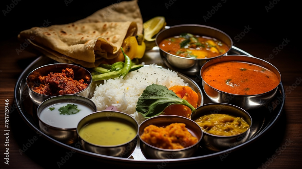 Wide flat lay photograph of delicious traditional Indian Thali dish on ...