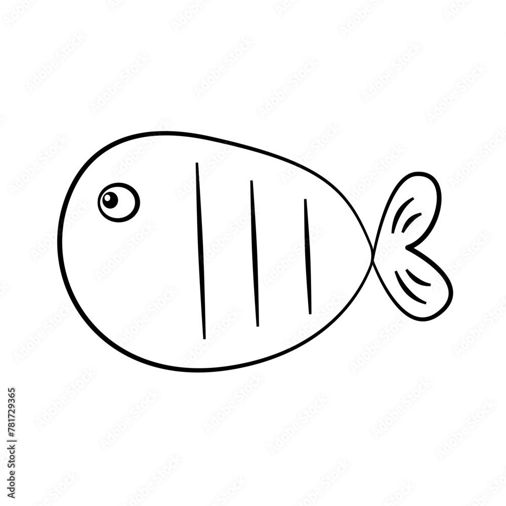 Cute cartoon fish contour outline drawing isolated cutout black and ...