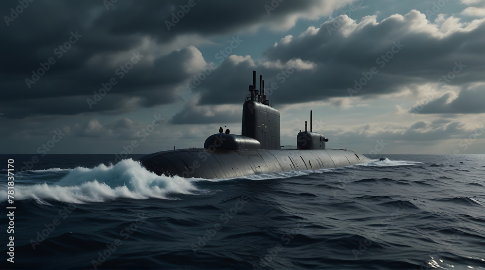 Dramatic shot of a Generic military nuclear submarine floating in the ...