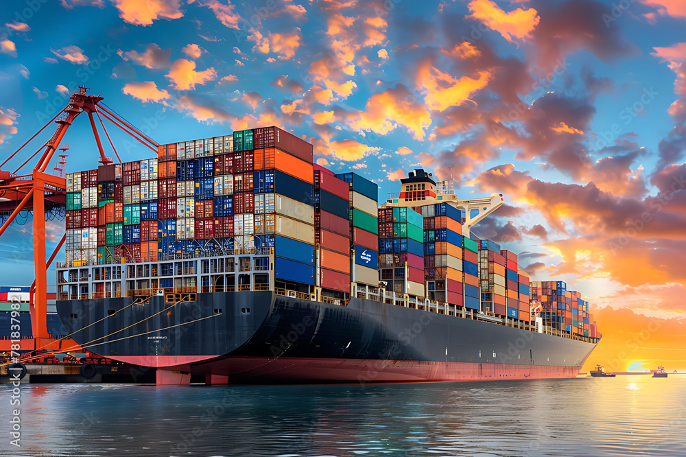 Container ship carrying container boxes import export dock with quay ...