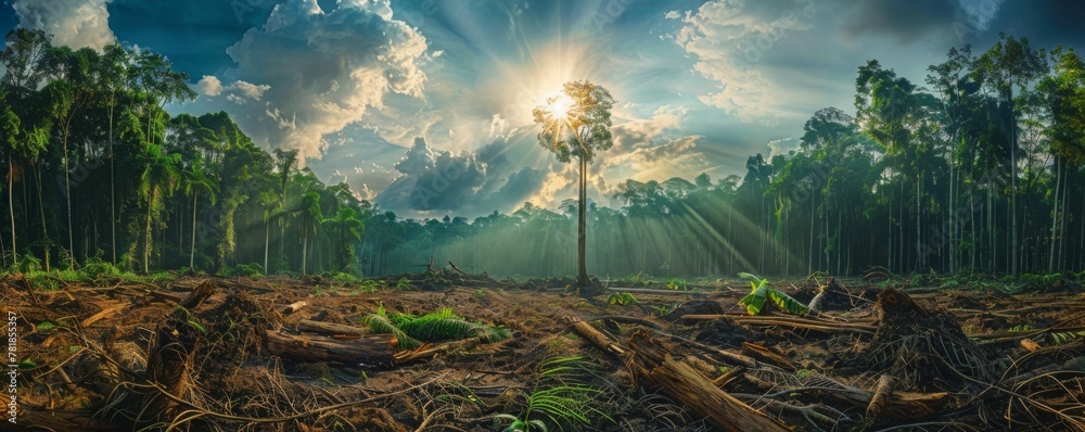 Rainforest, Trees Being Cut, Destruction of biodiversity, A lush green rainforest devastated by ...