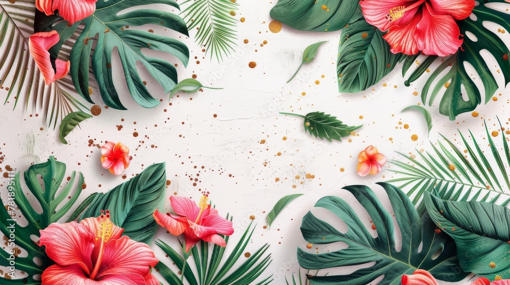 Fresh and bright tropical-themed paper with a border of hibiscus ...