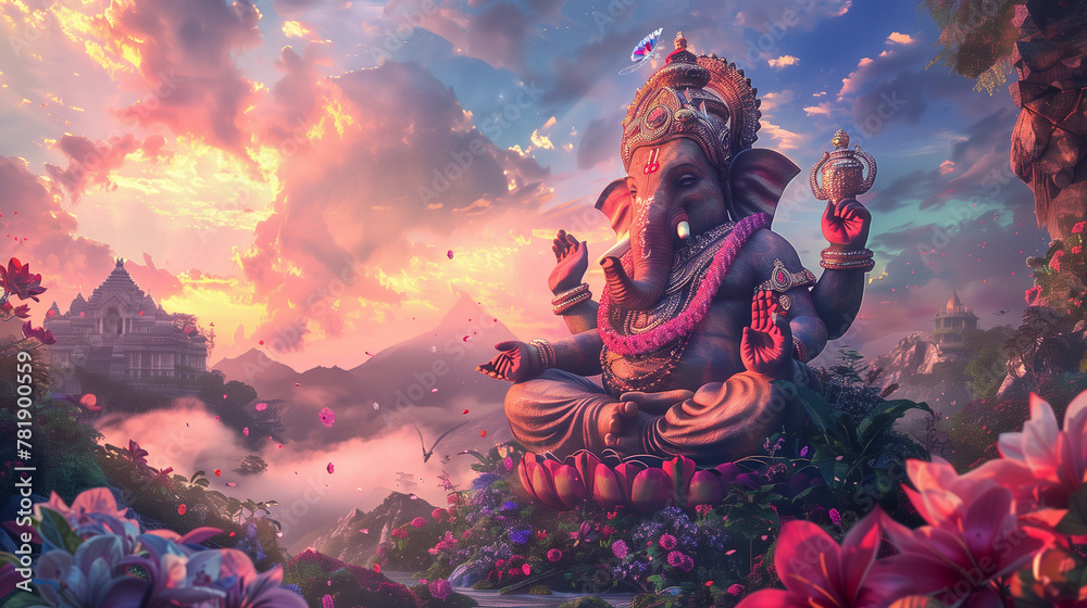 Portrait of Hindu Lord Ganesha goddess statue with fantasy landscape ...