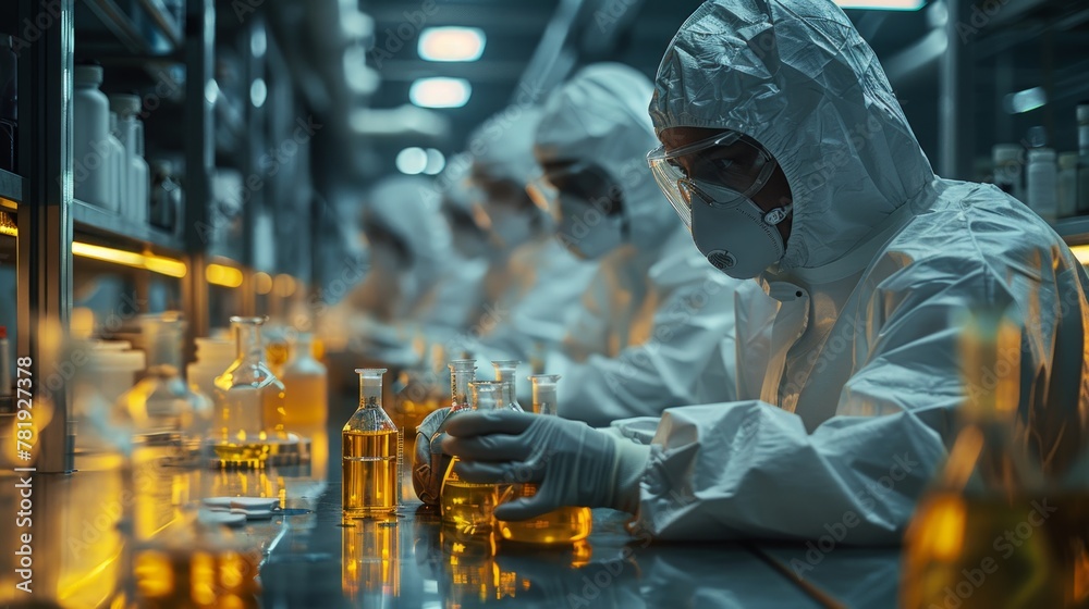 In a futuristic underground lab, scientists in hazmat suits perform ...