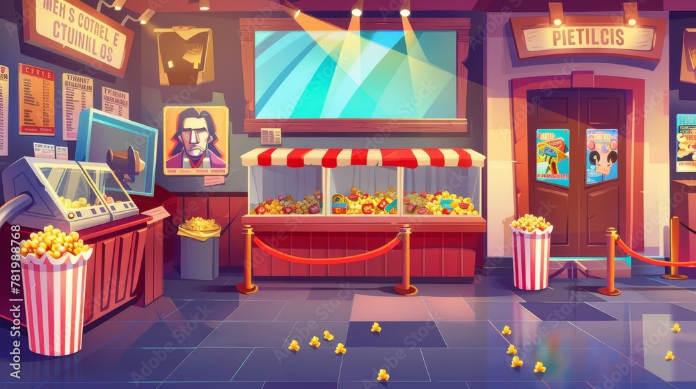 Ticket counter with popcorn and cashbox. Modern illustration of luxury ...