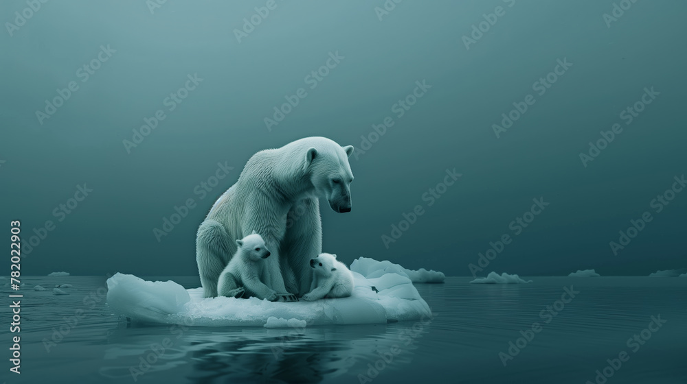 Mama polar bear with her cubs sitting together on a small ice floe in ...