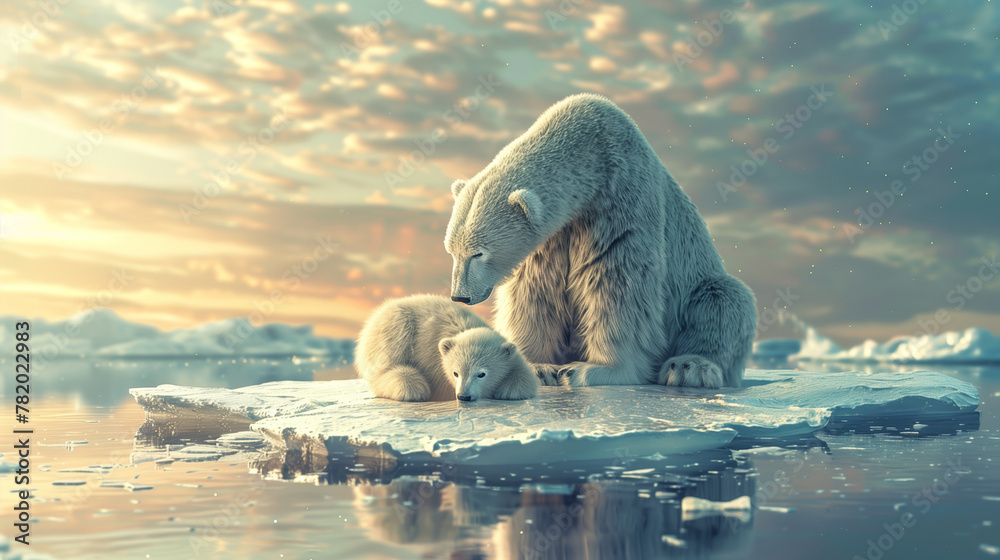 Mama polar bear with her cubs sitting together on a small ice floe in ...