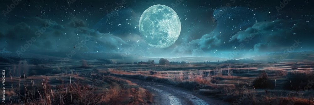 Fantasy Fairy Tale Full Moon Illuminates the Night Road, Shining ...