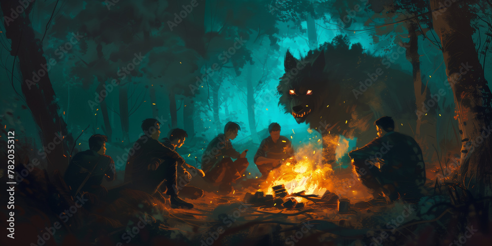 Stock-Illustration „Young school boys telling scary campfire stories ...
