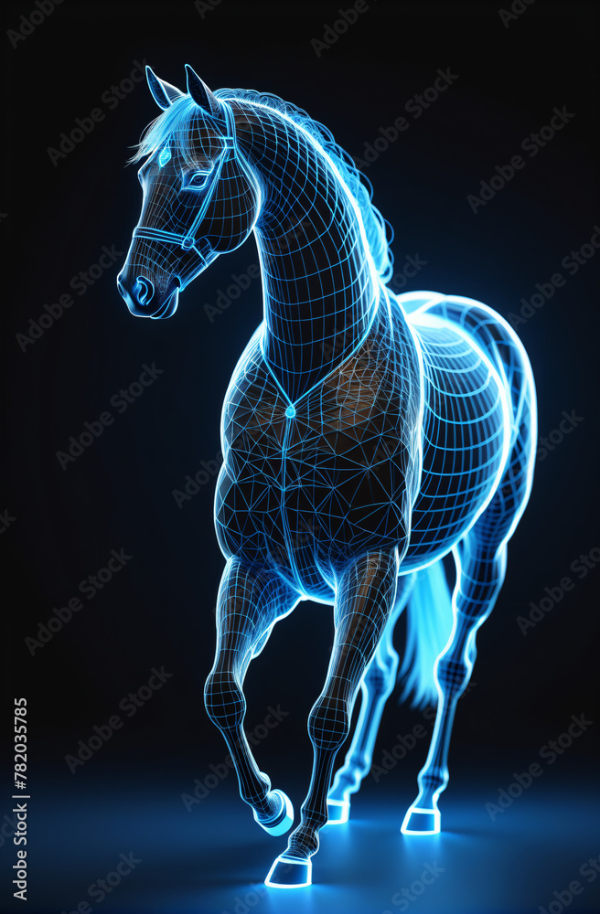 3D wireframe model, horse figure, glowing outline, black background ...