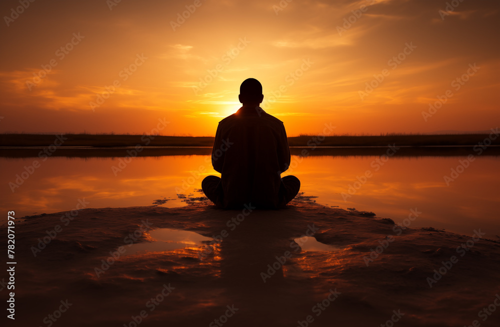 Prayer concept. Silhouette of a man in a praying pose. Set against a ...