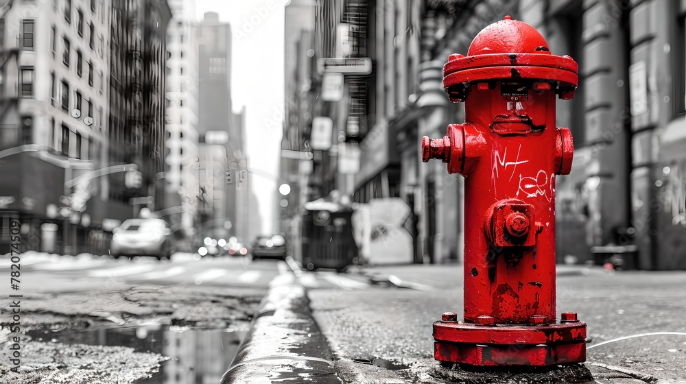 Vibrant red fire hydrant stands out in a grayscale cityscape. A symbol ...