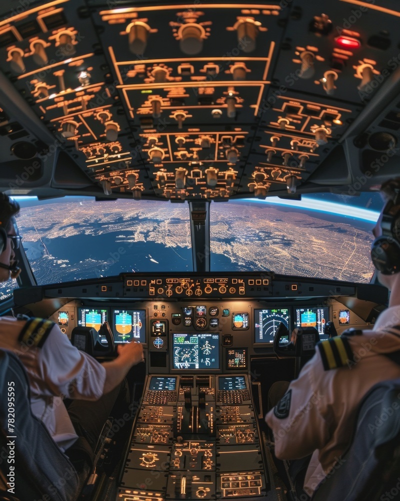 Cockpit of the modern passenger aircraft in flight. Pilots fly an ...