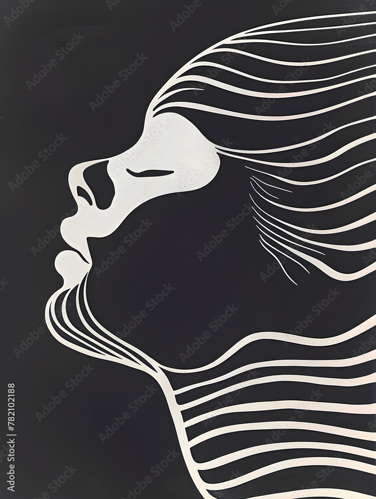 Abstract Woman face shape made of bold white lines, isolated on black ...