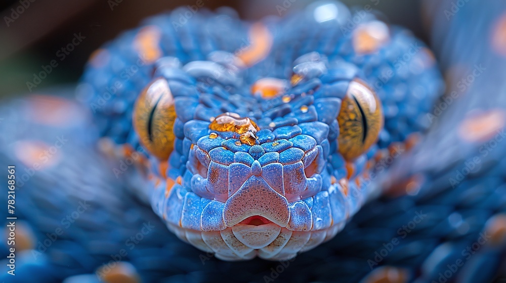 striking blue viper snake closeup face with fearsome eyes and detailed ...
