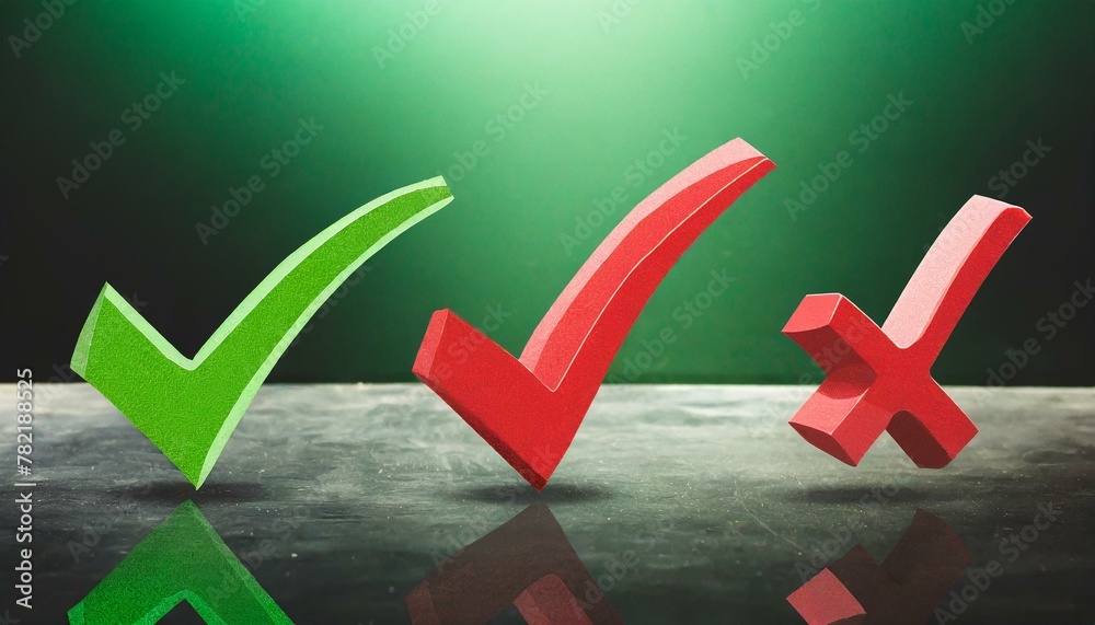 Green check mark, red cross mark icon set. Isolated tick symbols, checklist signs, approval ...