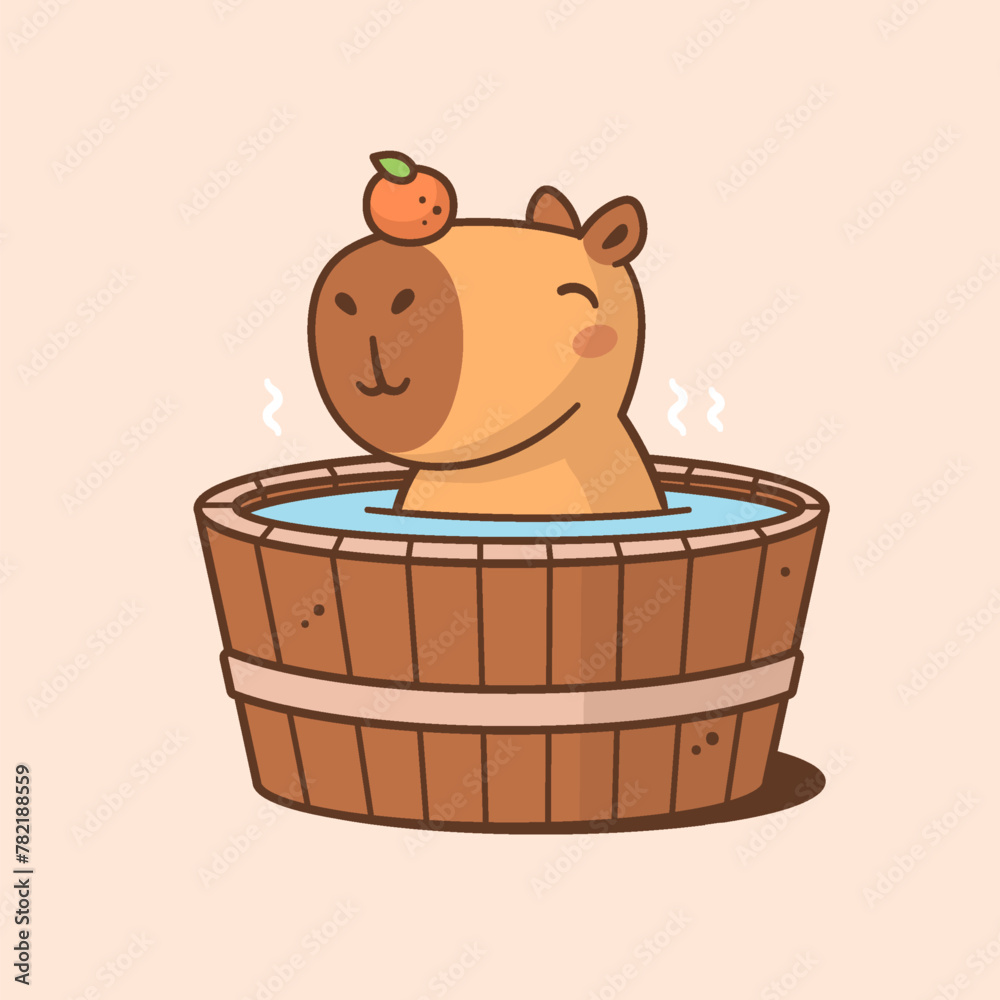 Cute capybara having a bath in hot tub, funny kawaii style cartoon ...