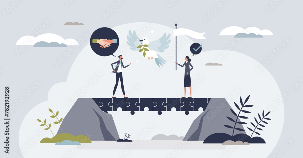 Conflict resolution and peaceful business agreement tiny person concept ...