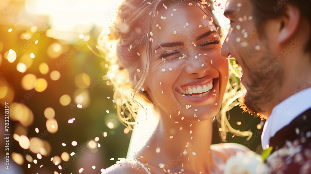 Portrait of a very happy bride and groom during the rice ritual at ...