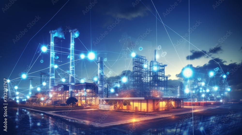 Modern factory, communication network. Telecommunication. IoT, Internet ...