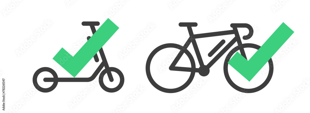 Bicycle and kick scooter check mark icon vector graphic illustration ...