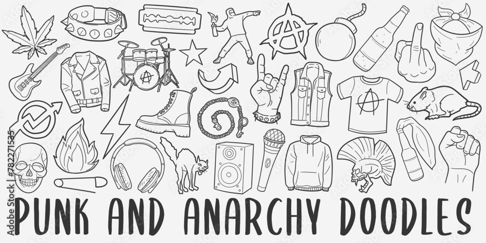 Anarchy Doodle Icons Black and White Line Art. Punk Clipart Hand Drawn ...