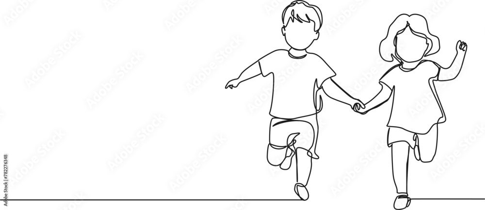 continuous single line drawing of toddler girl and boy running hand in ...