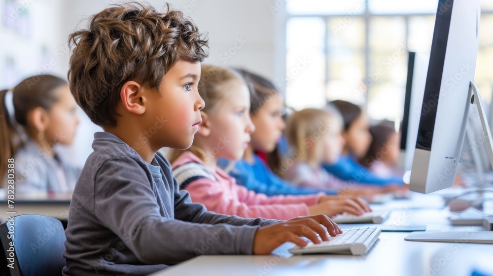 School Computer Science Classroom: Smart Little Schoolboy Work on ...