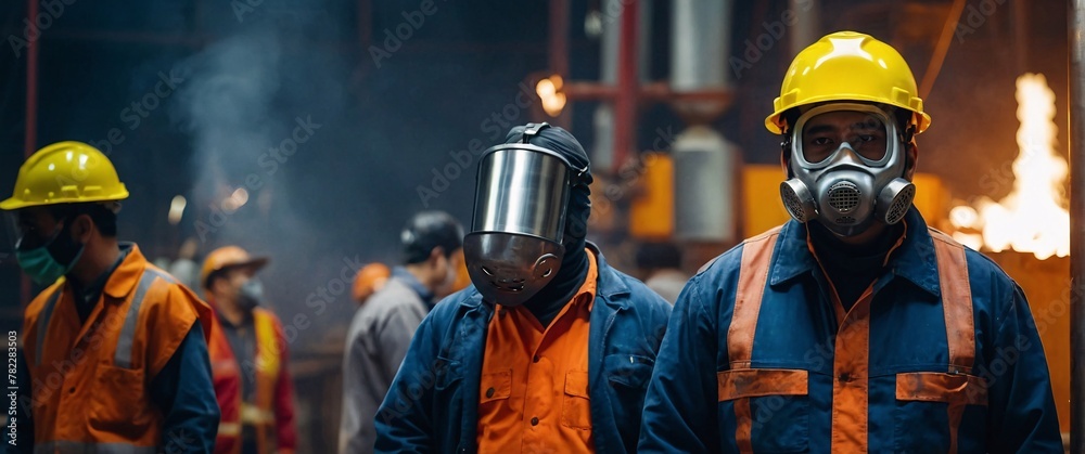 Workers wearing industrial uniforms and Welded Iron Mask at Steel ...