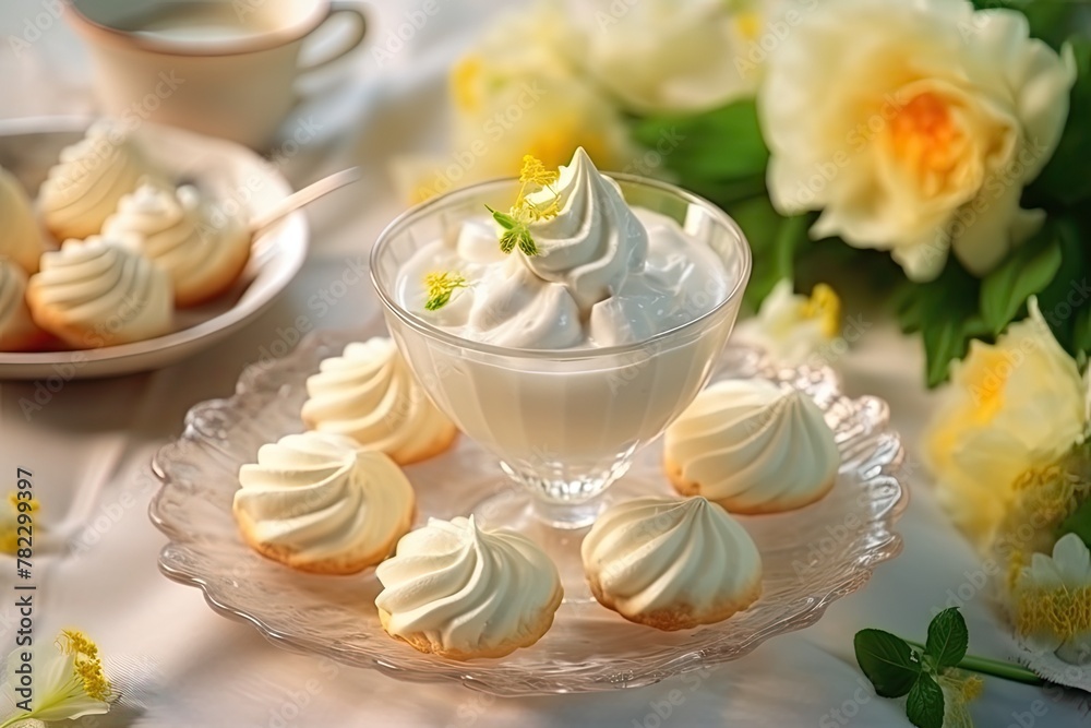 White Pink Meringue Cookies, Tea Cup and Flowers, Traditional Whisk ...
