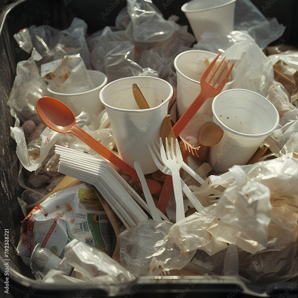 Pile of Discarded Single-Use Plastic Cups and Utensils Highlighting the ...