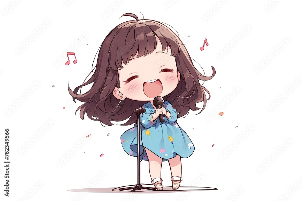 cute happy anime chibi girl singing into a microphone on white ...