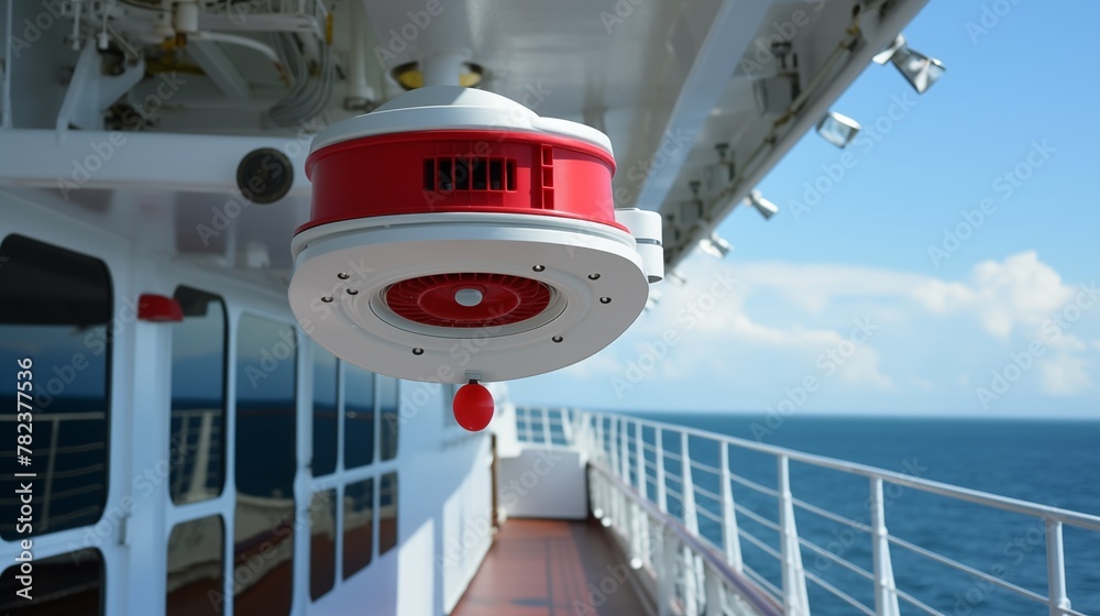 Onboard fire alarm triggers ship safety system activation, ensuring ...