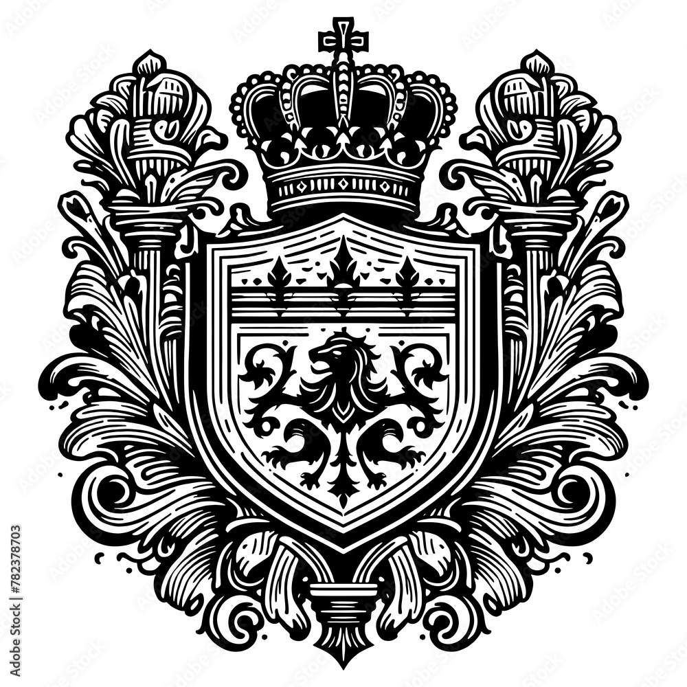 vintage heraldic crest featuring a crown, shield, and ornamental ...