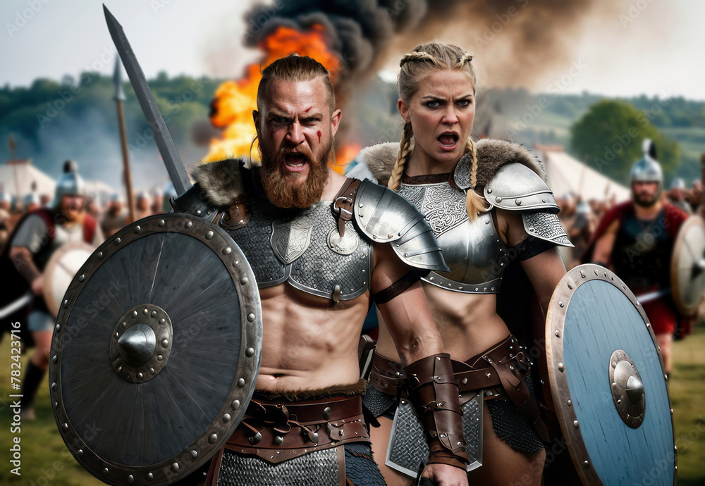 Historical Characters - A young Viking with his children, against the ...