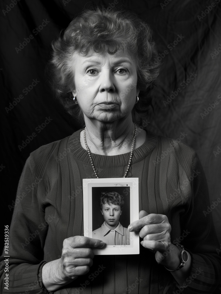 A senior woman holding a photograph of her younger self, reflecting on ...