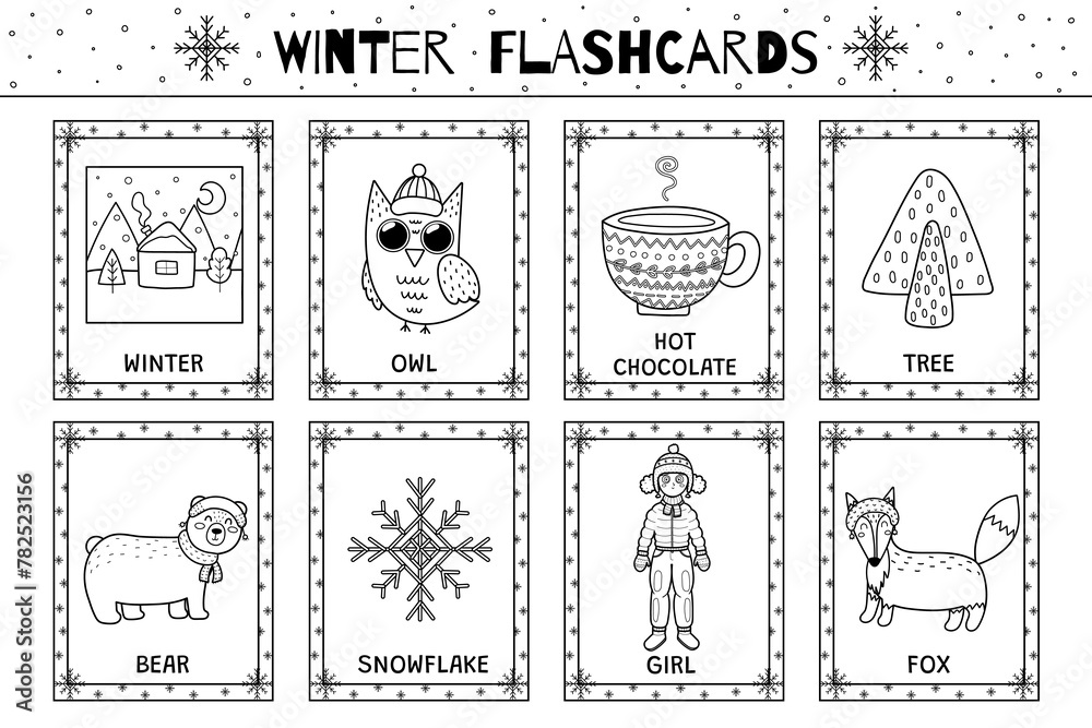Winter flashcards black and white collection for kids. Flash cards set ...