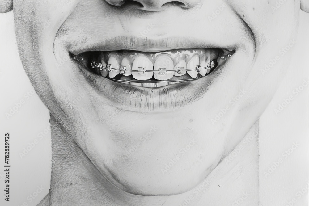 Extremely detailed monochromatic pencil drawing of a smiling face with ...