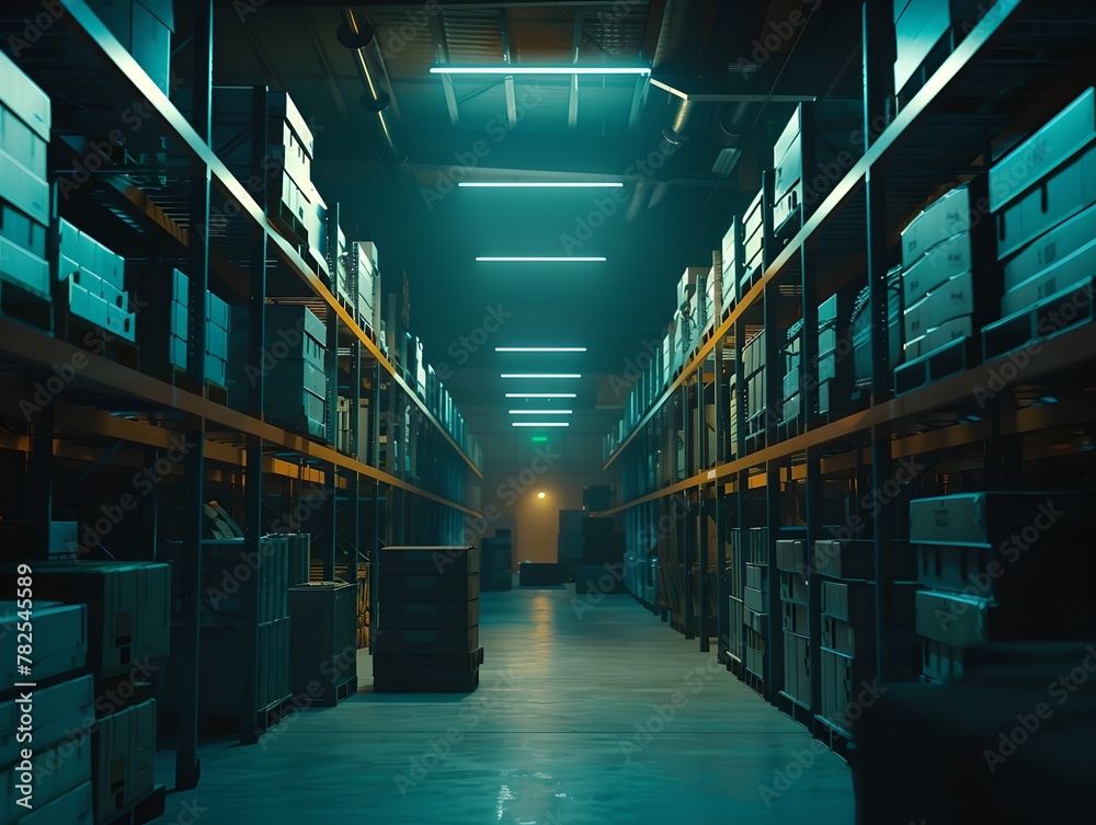 Modern dark warehouse interior at night. Shelves with packages ...