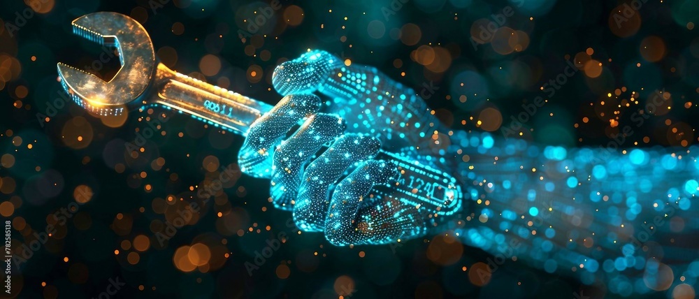 blue digital hand holding wrench spanner with glowing binary code, AI in maintenance management ...