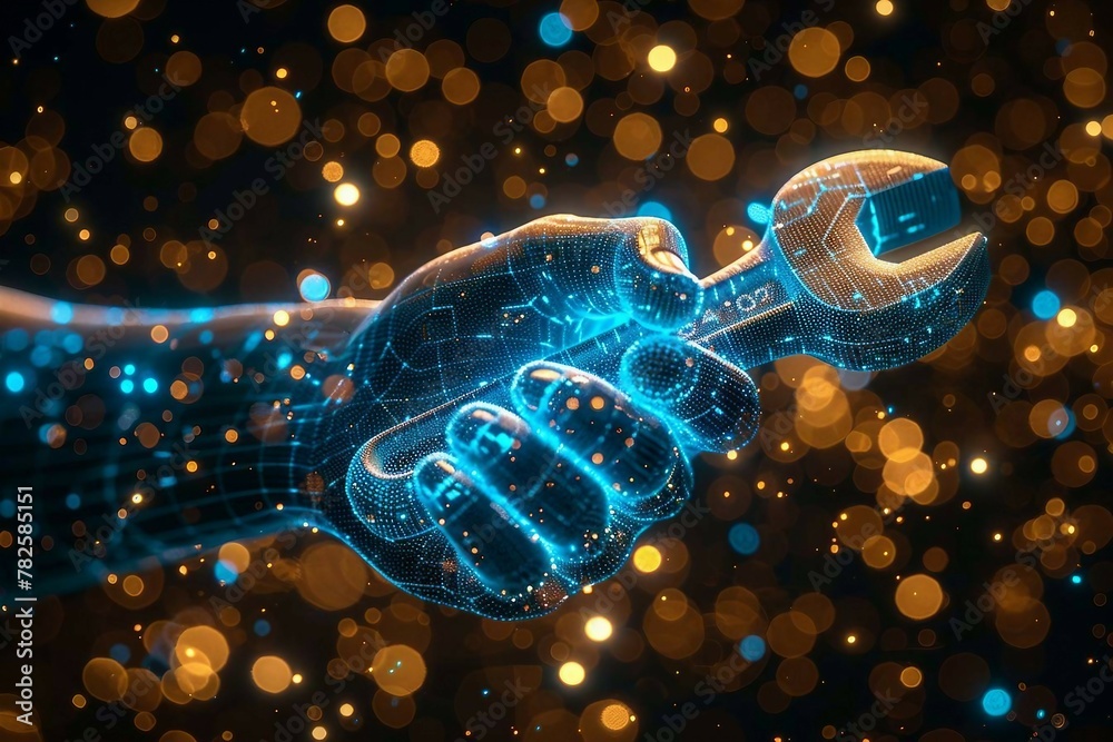 blue digital hand holding wrench spanner with glowing binary code, AI in maintenance management ...
