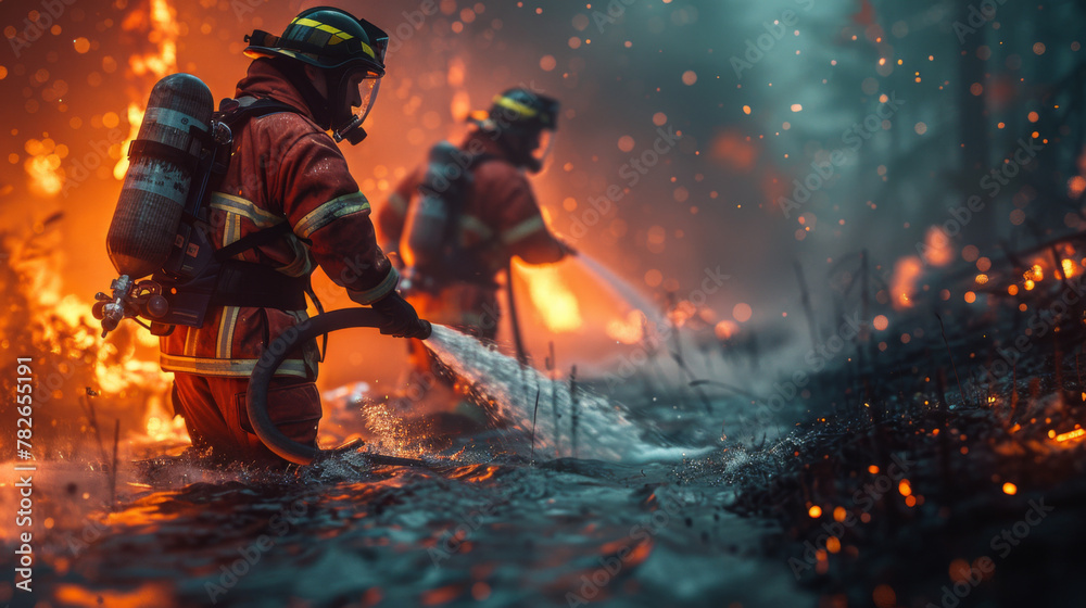 Two firefighters fighting a fire with a hose and water during a ...