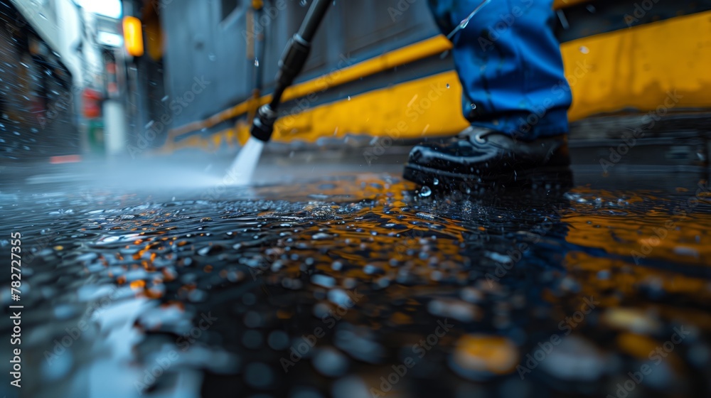 Using high pressure washer to clean asphalt road surface Stock Photo ...