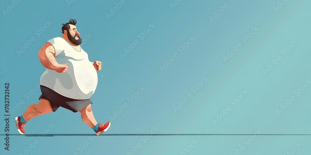 A fat man character proudly panting after a jog demonstrating the ...
