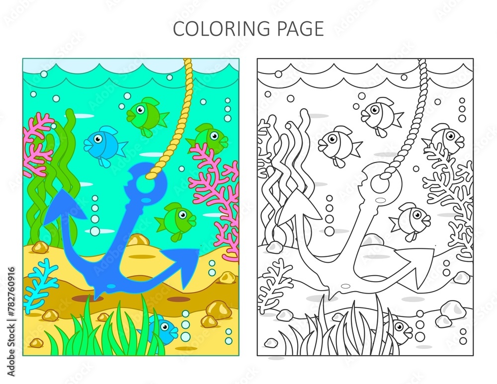Color by sample. Coloring page with anchor and underwater scene of sea ...