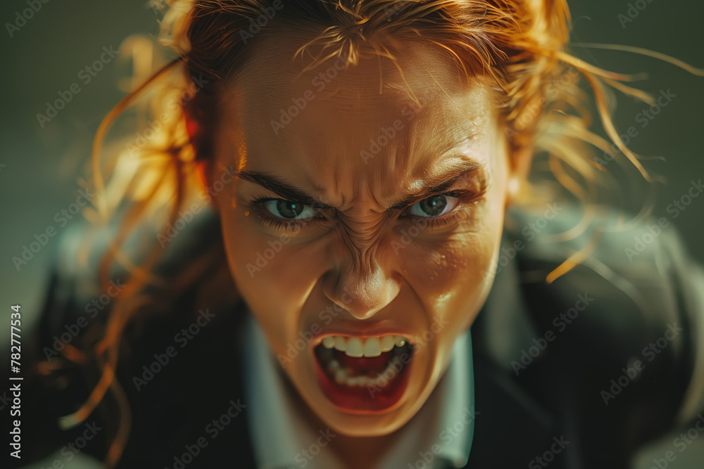 An angry woman with striking red hair and piercing blue eyes is shown ...