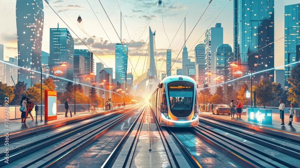 Smart Transportation: Illustrate scenes of commuters navigating a smart ...