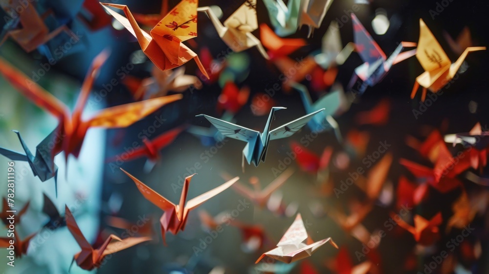 Colorful cranes with floating dreams The paper crane transforms into an ...