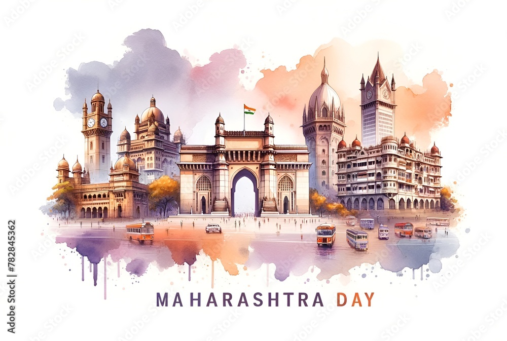Maharashtra day card watercolor illustration with famous maharashtra ...